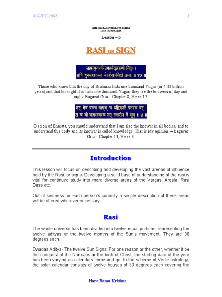 Astrology Lesson 5 - Rasi | PDF | Planets In Astrology | Astrological Sign
