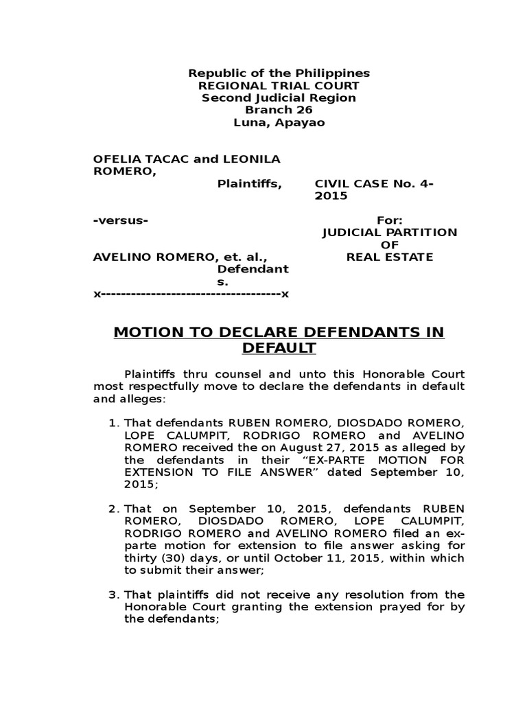 Motion to Declare Defendants in Default-Tacac-Partition-2 | Legal ...