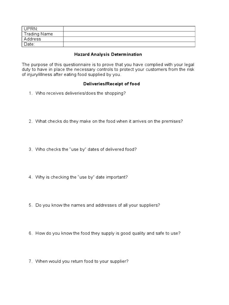 5.HACCP Questionnaire | Delivery (Commerce) | Refrigerator