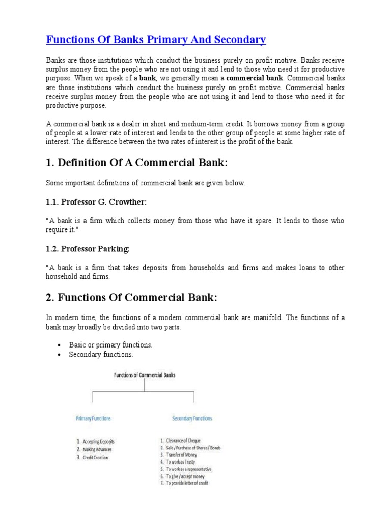 Functions of Banks I Primary and Secondary | PDF | Transaction Account ...