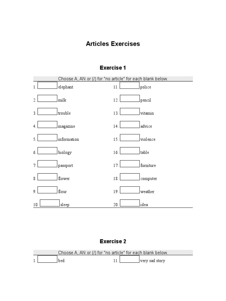 Articles Exercises