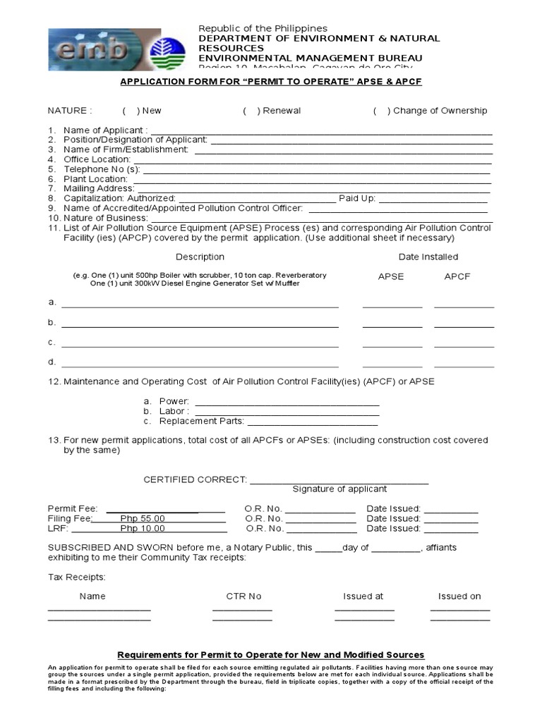 Permit To Operate Application Form | PDF | Air Pollution | Pollutant