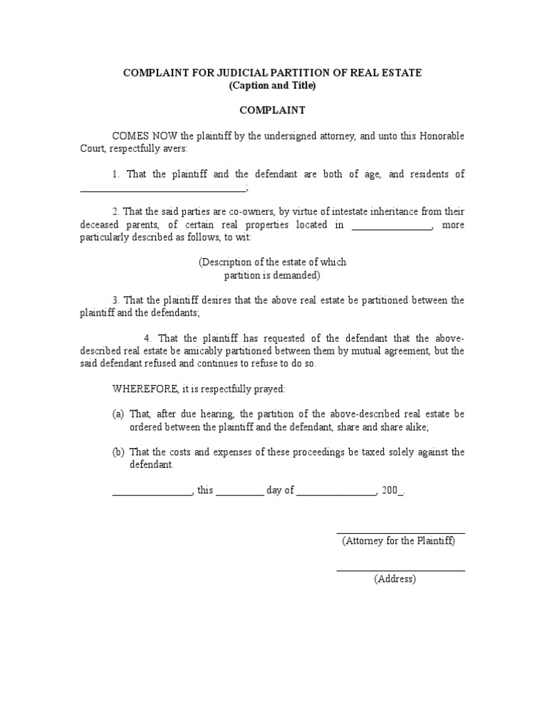 Complaint For Judicial Partition of Real Estate | PDF | Private Law ...