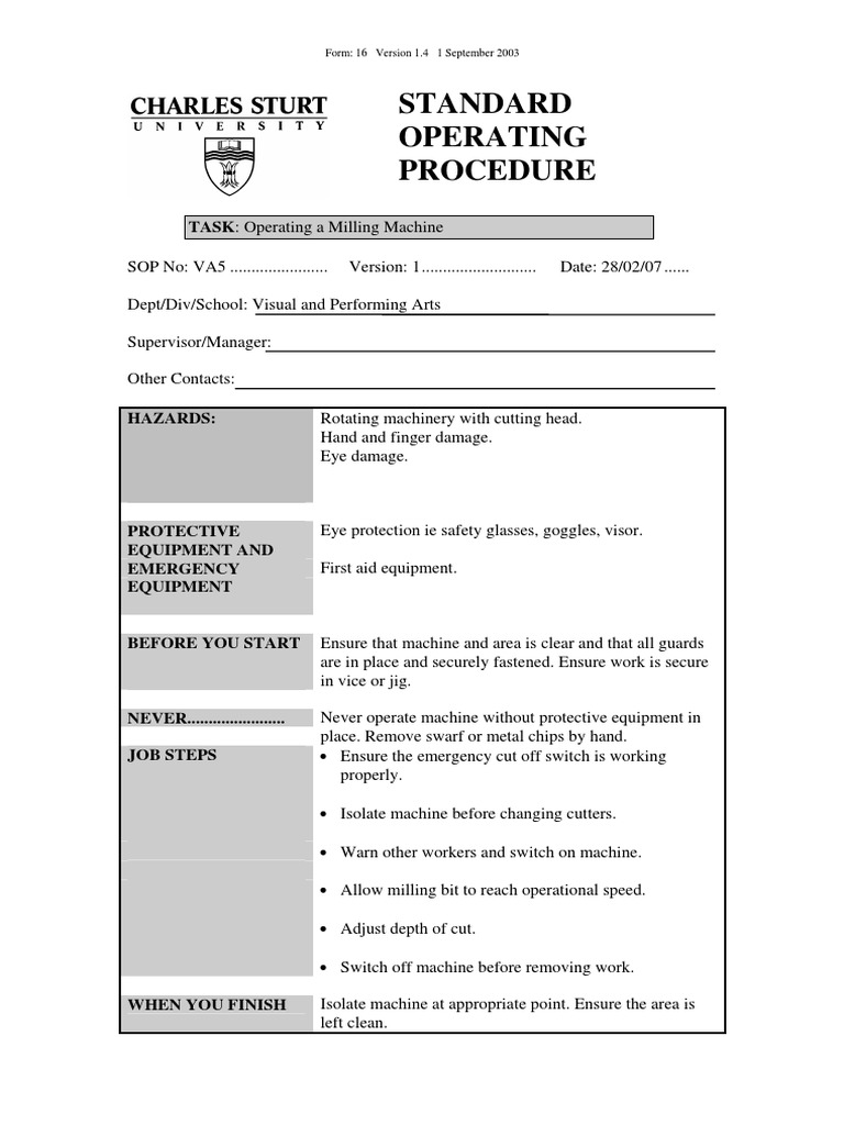Standard Operating Procedure: TASK: Operating A Milling Machine | PDF