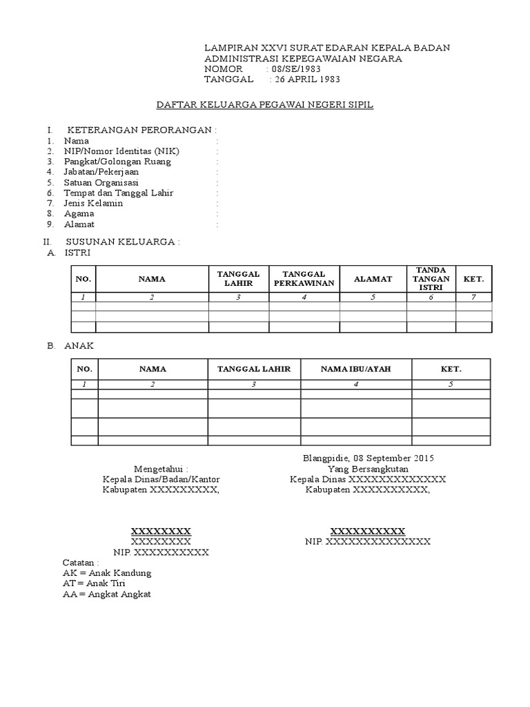 Format Lampiran Xxvi Surat Edaran Kepala Badan Administrasi Kepegawaian Negara | PDF