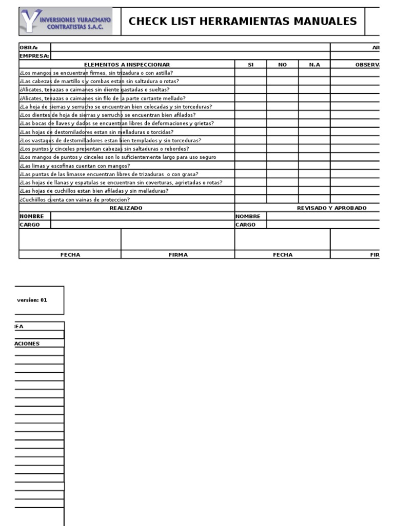 Check List de Herramientas Manuales Yuracmayo | PDF