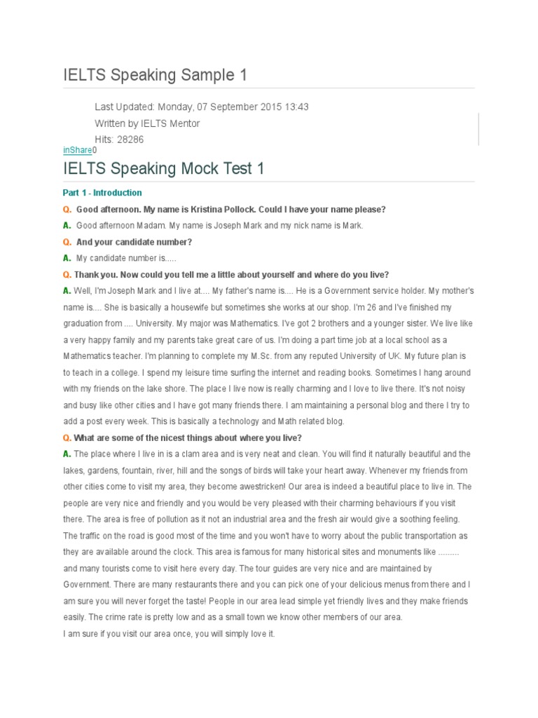 IELTS Speaking Sample 1 | PDF | Restaurants | Tourism