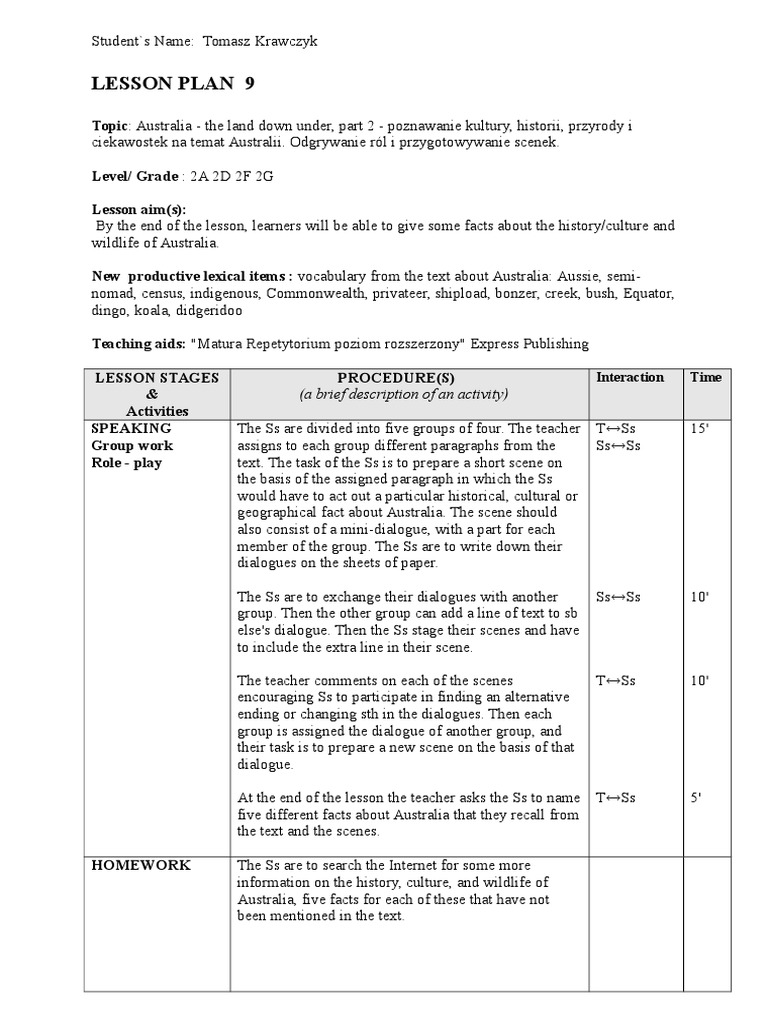 Lesson Plan 9: (A Brief Description of An Activity) | PDF | Teaching ...