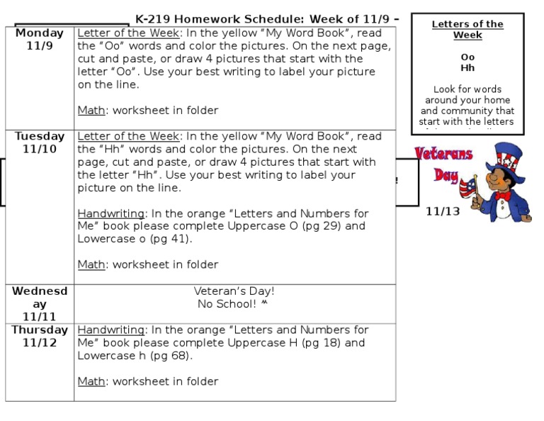 K-219 Homework Schedule: Nov 9-13 | PDF