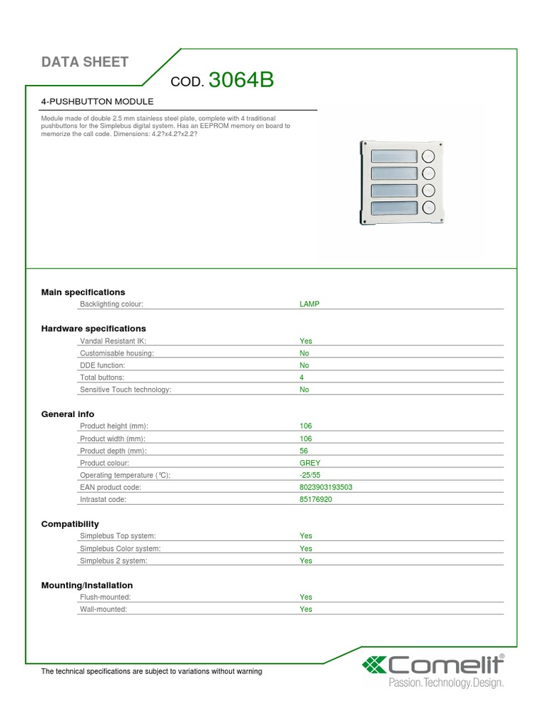Comelit 3064B Data Sheet | PDF