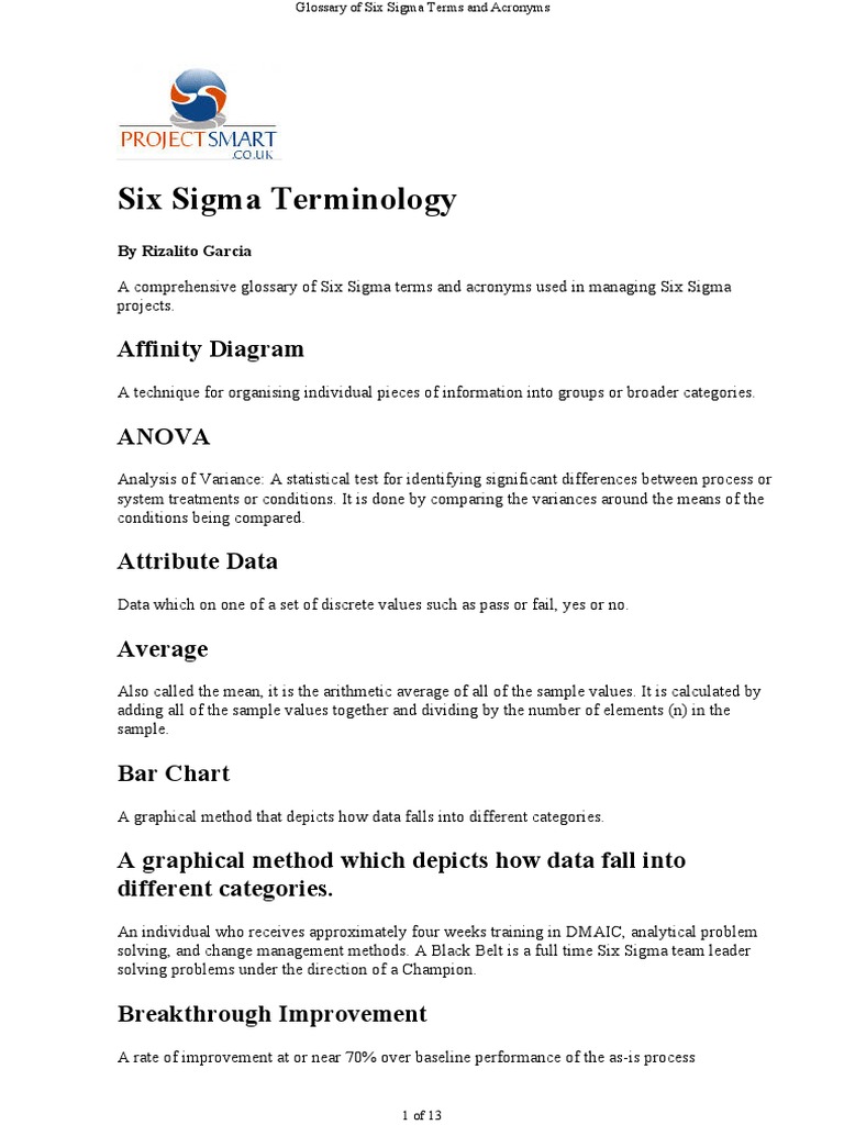 Glossary of Six Sigma Terms and Acronyms | PDF | Six Sigma | Standard ...
