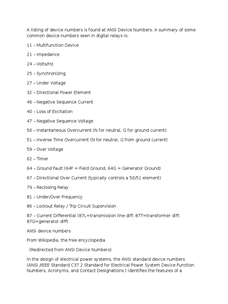 A Listing of ANSI Device Numbers | PDF | Relay | Switch