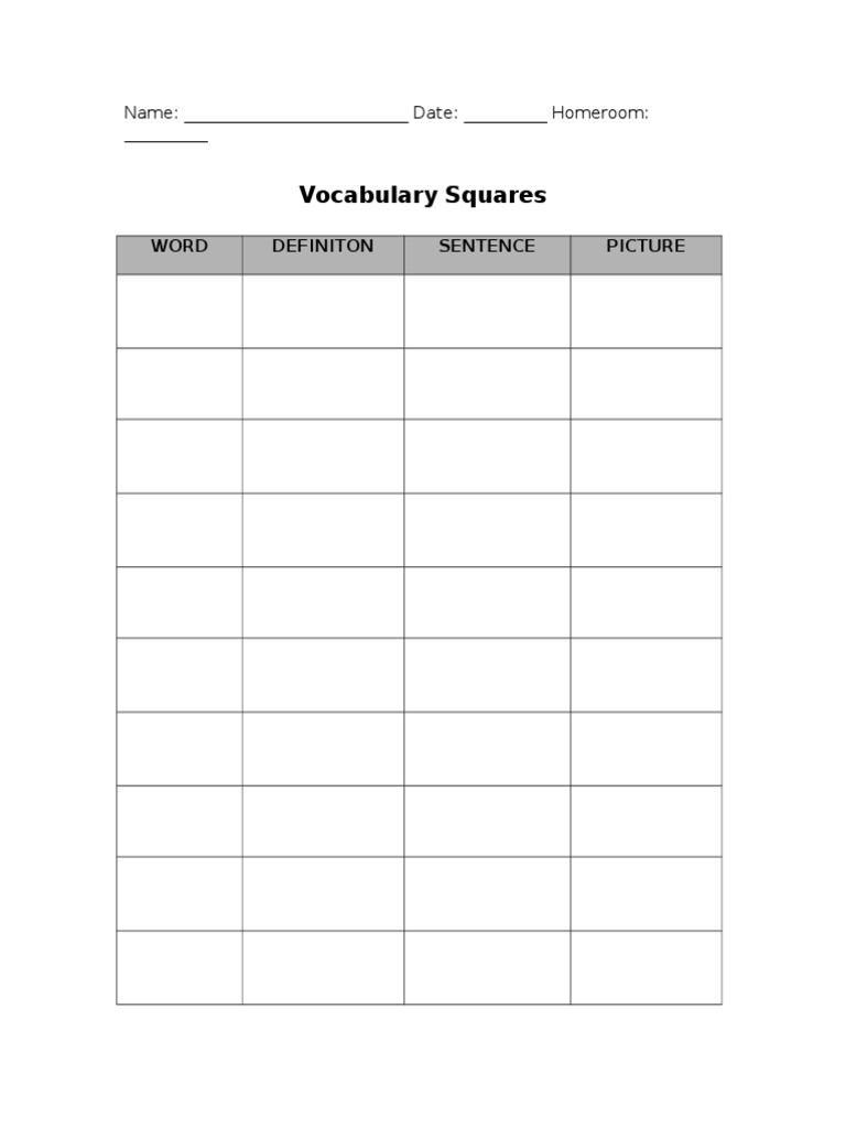 Vocabulary Squares Worksheet | PDF | Art