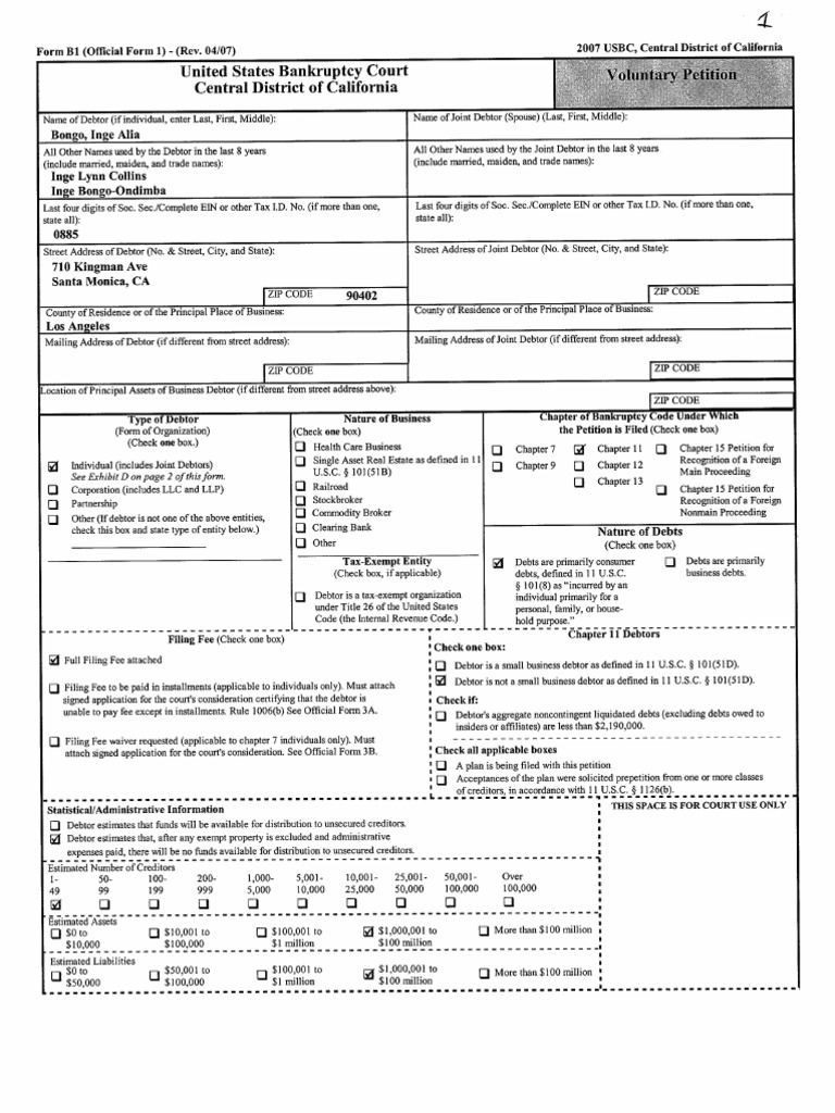 Inge Alia Bongo (Aka Lynn Collins Bongo) Bankruptcy Case | PDF