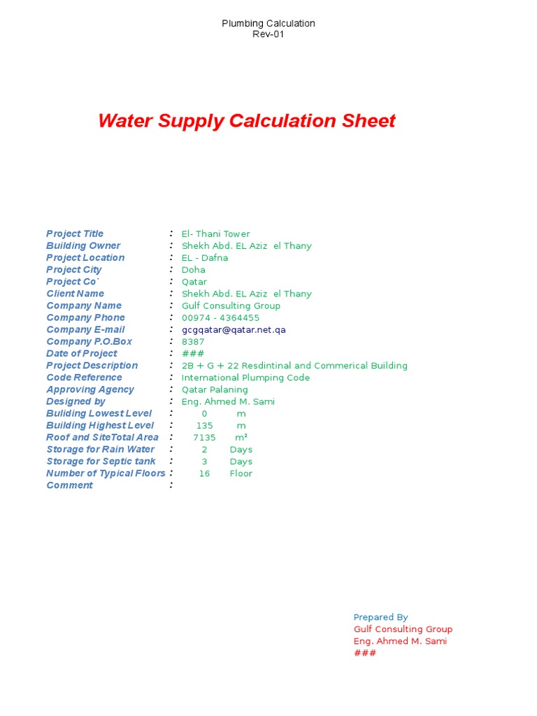 Water Supply and Plumbing Calculations for a 22 Story Residential and ...