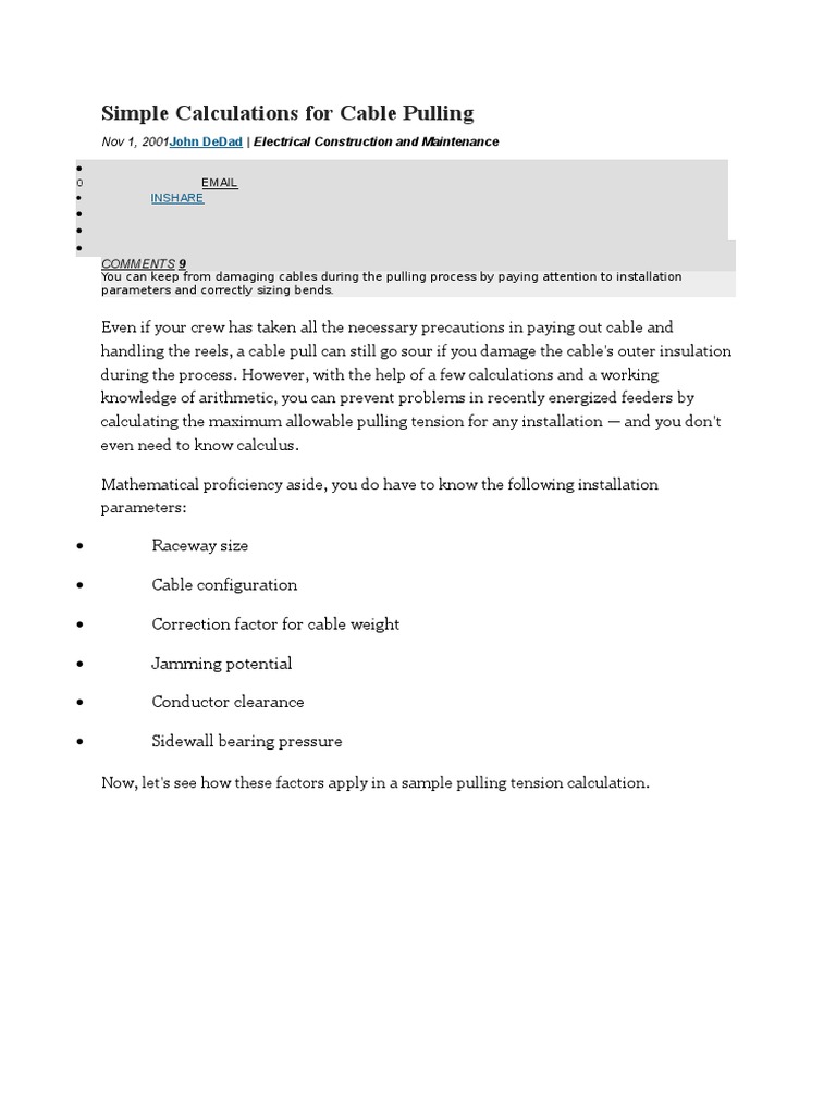 Cable Pulling Tension Calculations | PDF | Cable | Mechanical Engineering