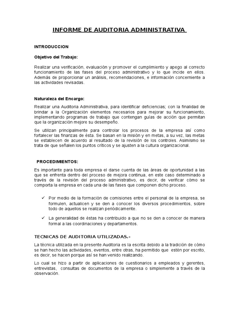 Informe de Auditoria Administrativa en Un Instituto | PDF ...