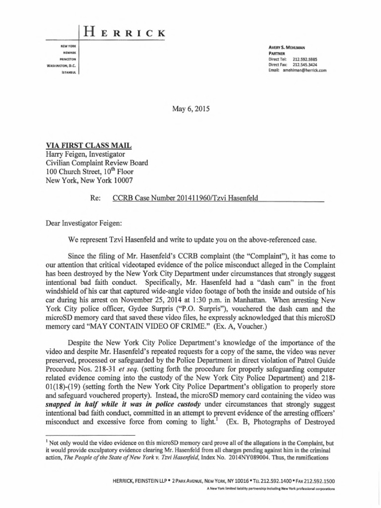 Hasenfeld Letter To CCRB | PDF | Arrest | Police