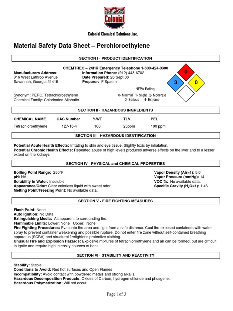 Material Safety Data Sheet - Perchloroethylene: Colonial Chemical ...