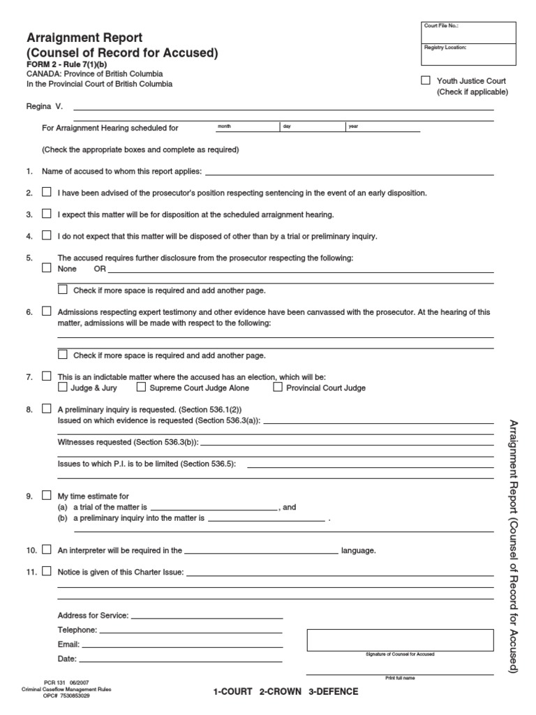 Arraignment Report (Counsel of Record For Accused) : FORM 2 - Rule 7 (1 ...