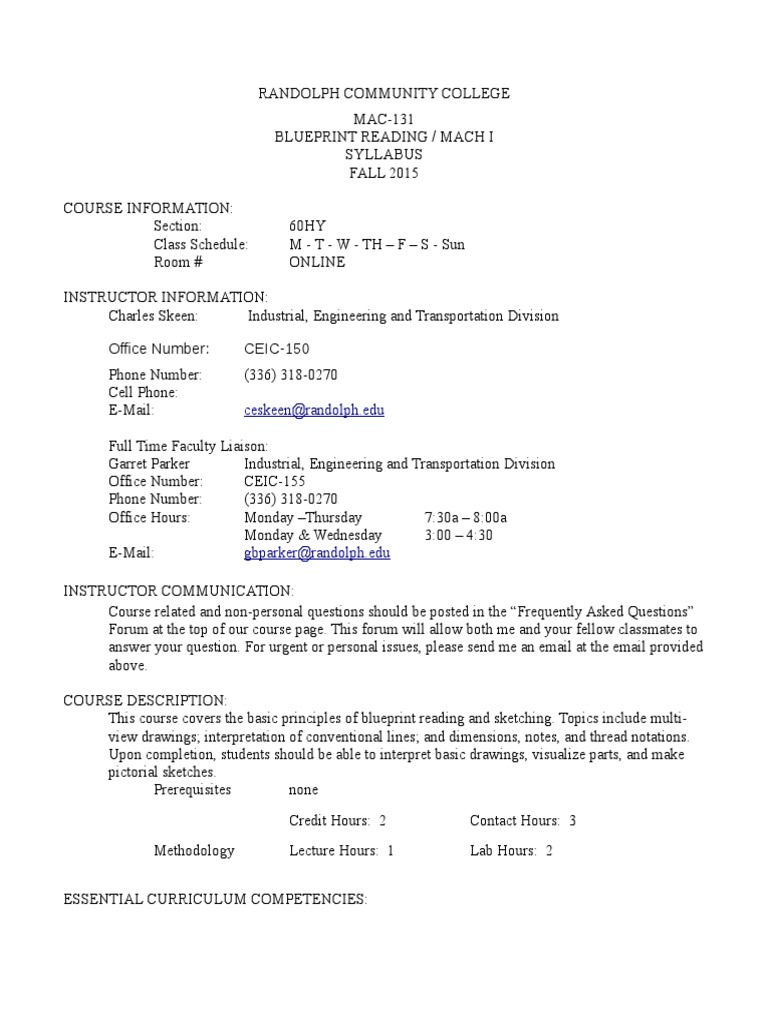 Blueprint Reading Syllabus | Test (Assessment) | Computing