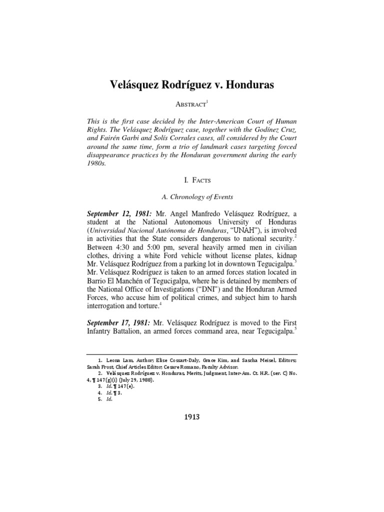 Velásquez Rodríguez v. Honduras Case Analysis | PDF | Judgment (Law ...