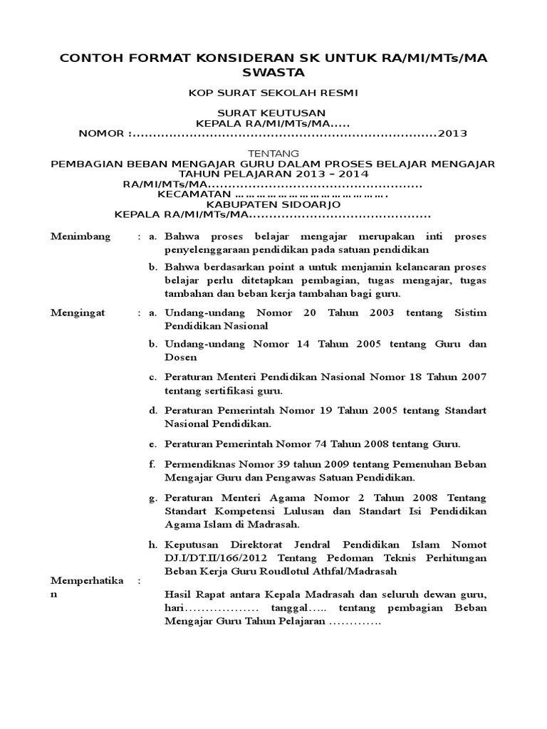 Contoh Format Konsideran SK Untuk Rami Mts Ma Dan Mak | PDF