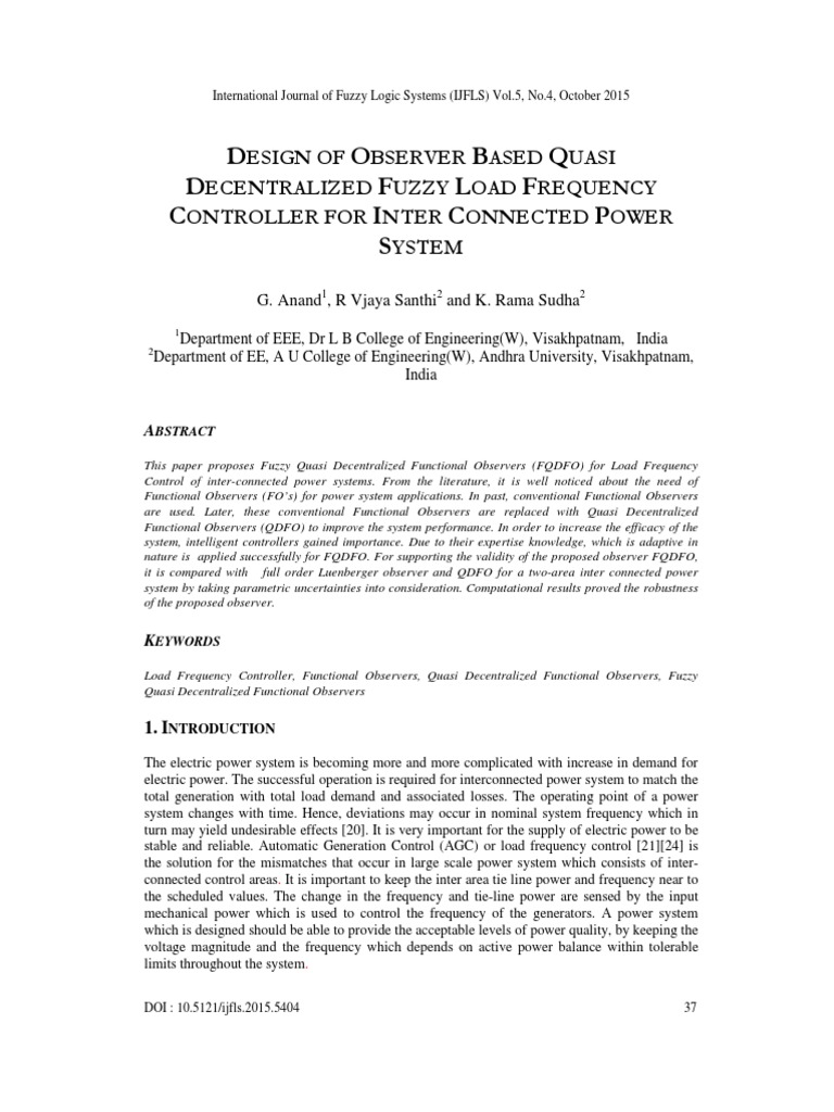 Design of Observer Based Quasi Decentralized Fuzzy Load Frequency Controller For Inter Connected ...