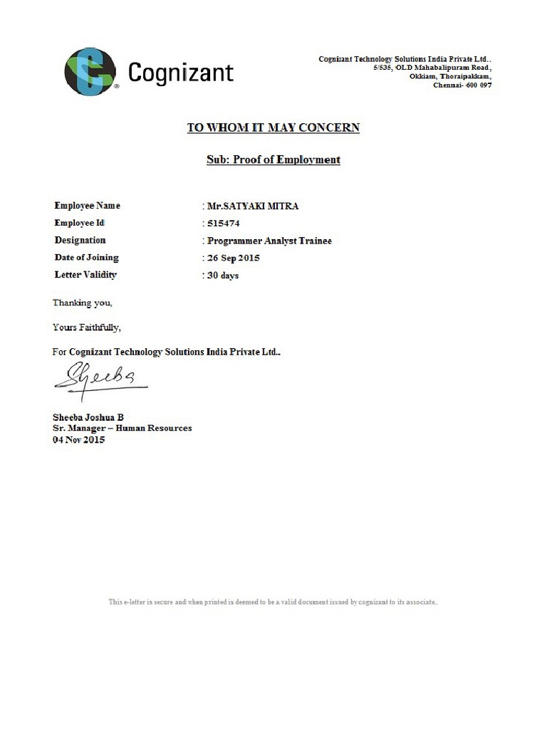 Cognizant Letter of Employment | PDF | Labour | Employment