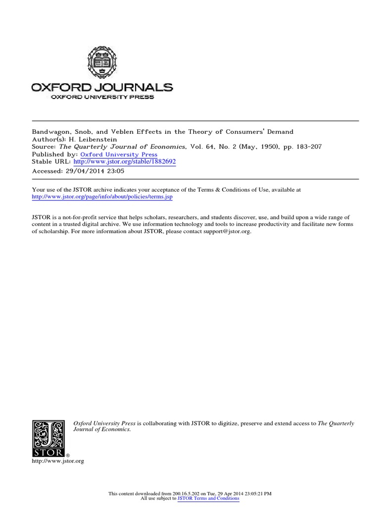 Bandwagon, Snob, Veblen Effects in The Theory of Consumers' Demand ...