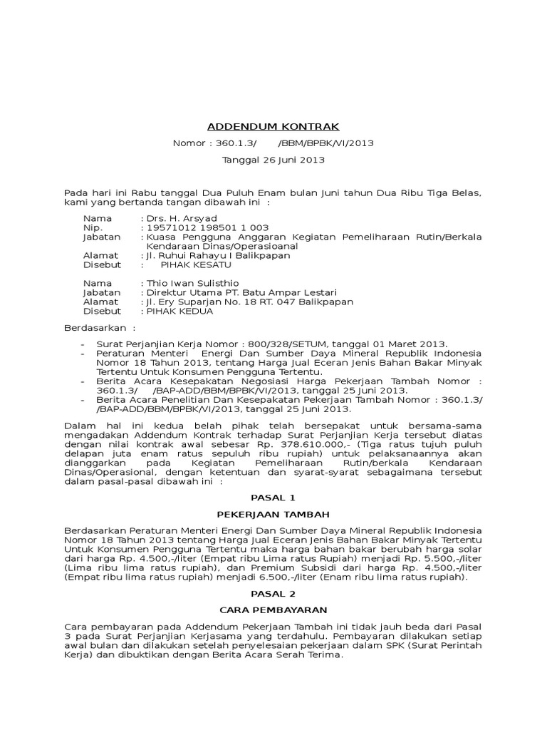 Contoh Addendum Kontrak Pekerjaan | PDF | Pengelolaan Keuangan & Uang ...
