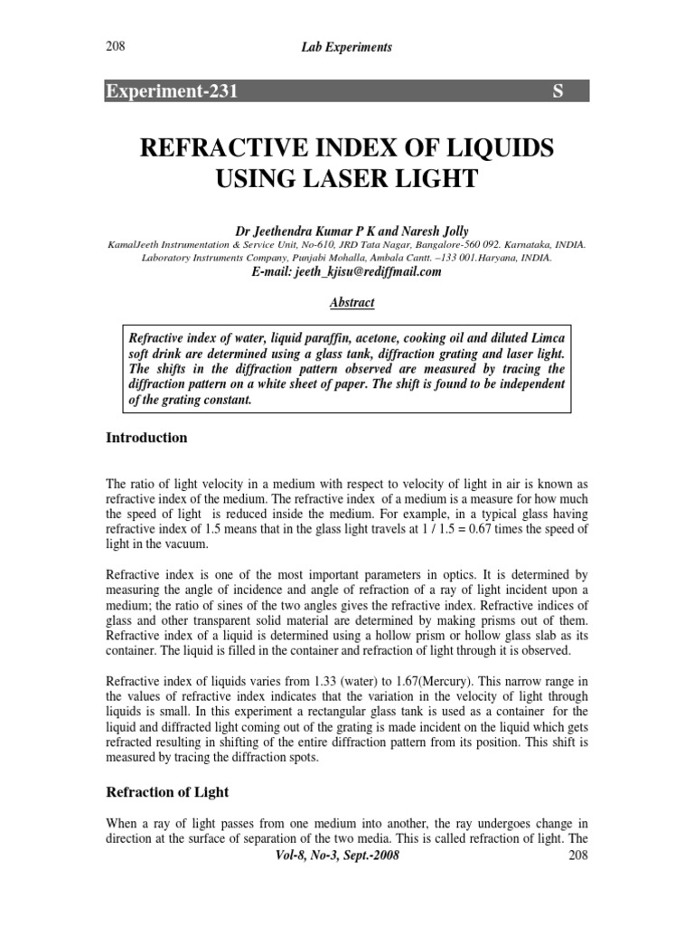 Refractive Index of Liquids Using Laser Light: Experiment-231 S | PDF | Refraction | Refractive ...