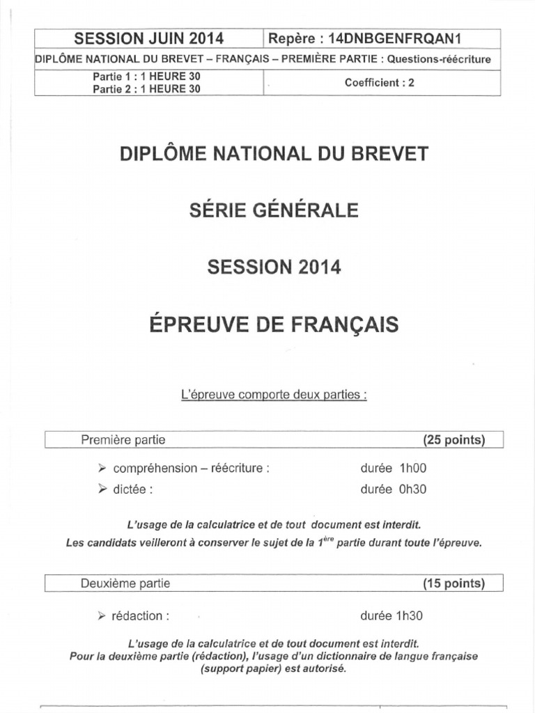 BREVET Francais 2014 | PDF