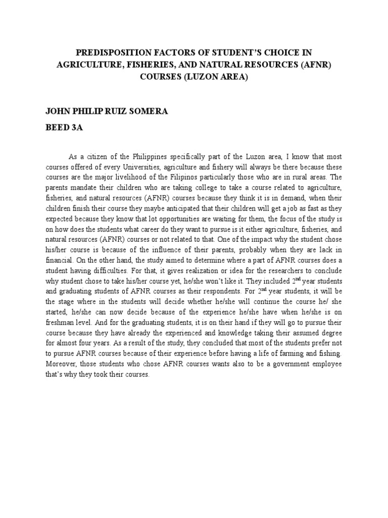 Predisposition Factors of Student'S Choice in Agriculture, Fisheries ...