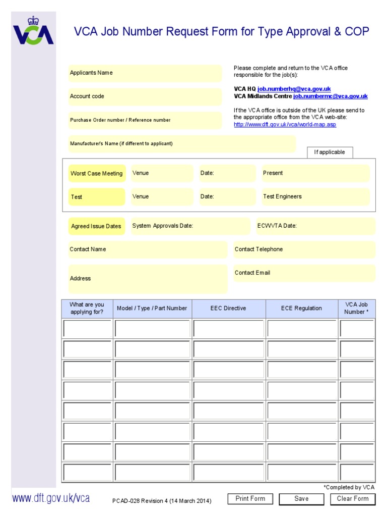 VCA Job Number Request Form For Type Approval & COP: Purchase Order ...