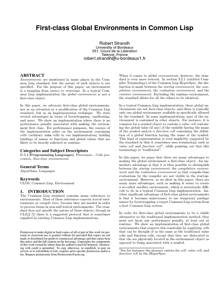 First-Class Global Environments in Common Lisp: Robert Strandh | PDF | Subroutine | Compiler
