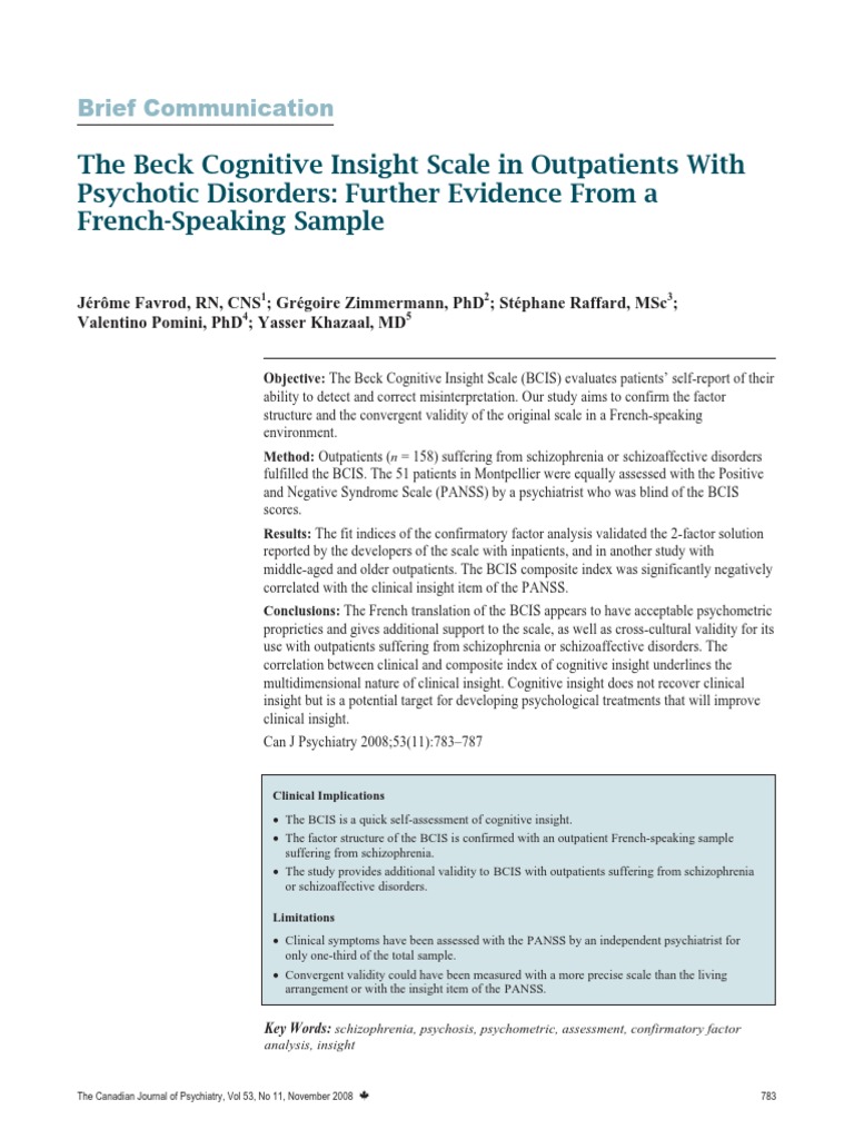 Beck of Cognitive Insight Scale | Psychosis | Schizophrenia