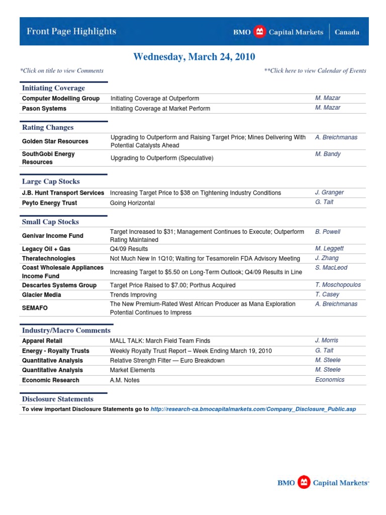 BMO Research Highlights Mar 24 | PDF | Yield (Finance) | Book Value