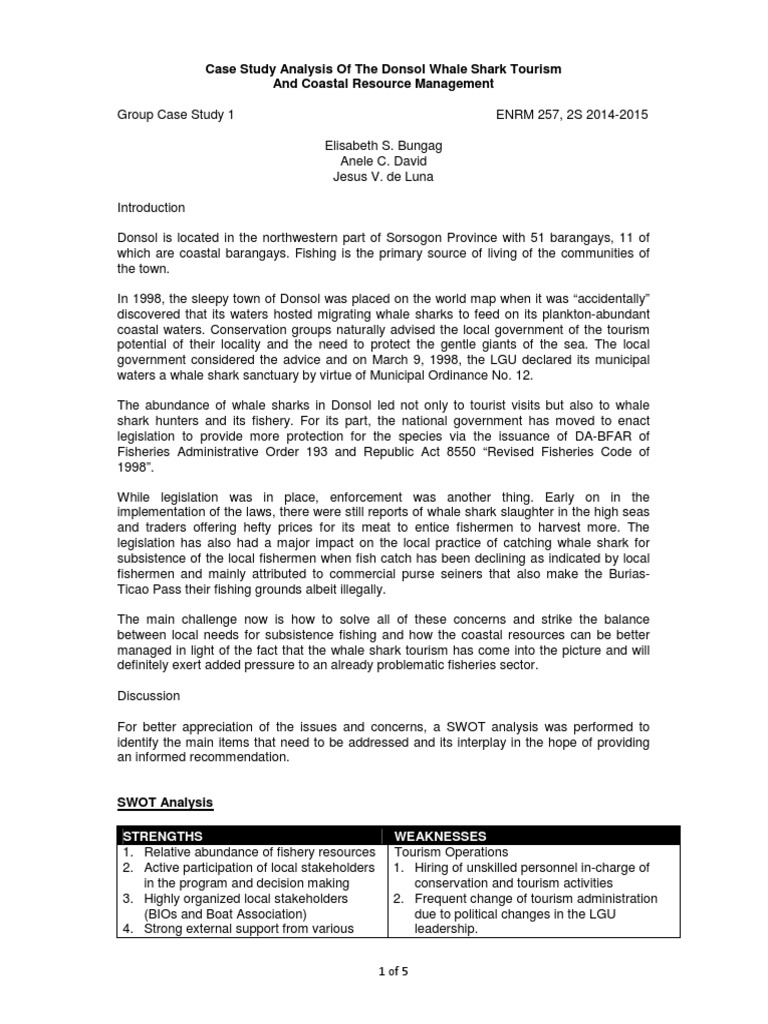 ENRM 257 - Case Study Donsol Whale Shark-Bungag-David-De Luna | PDF | Overfishing | Conservation ...