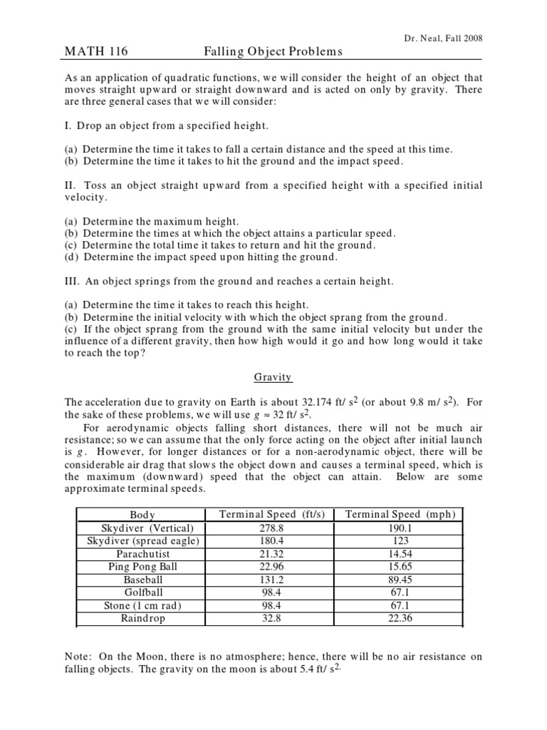 Math 116 Falling Object Problems Dr Neal Fall 2008 Pdf Gravity