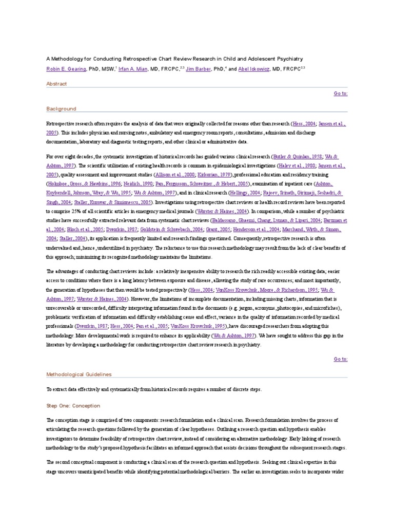 A Methodology For Conducting Retrospective Chart Review Research in Child and Adolescent ...