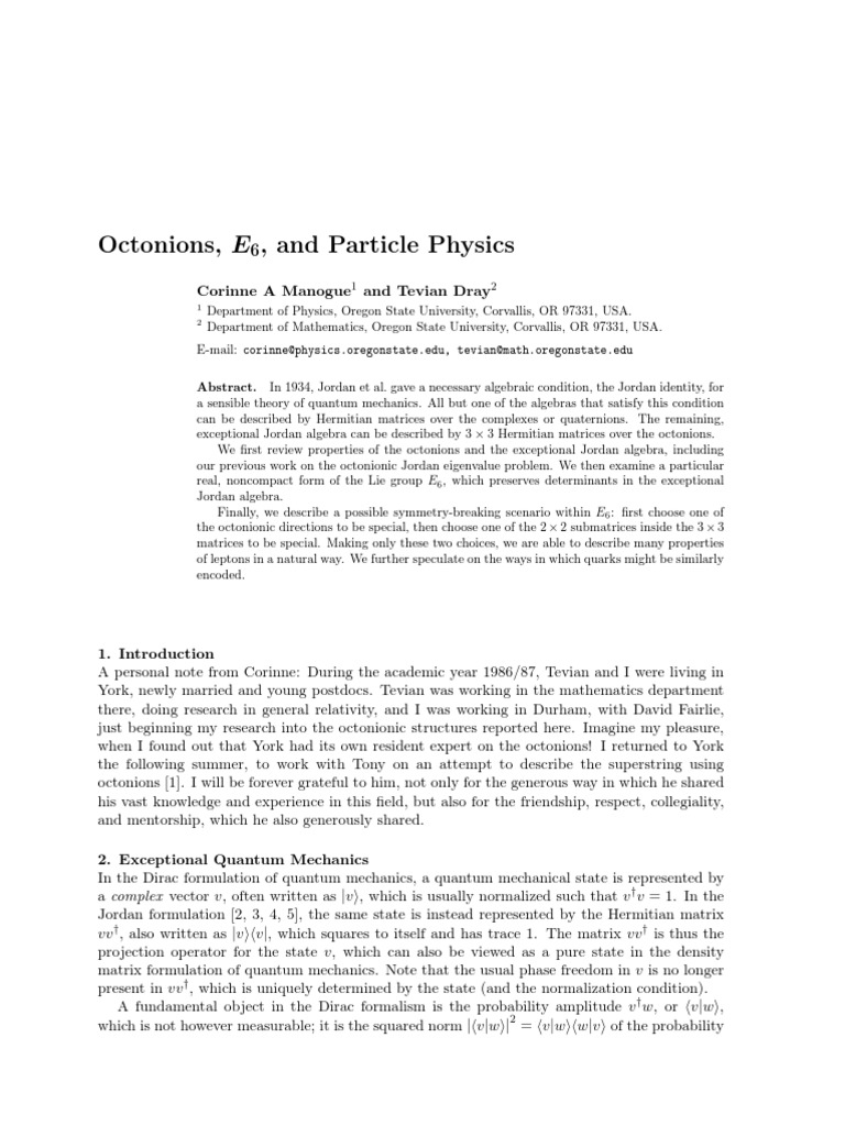 Octonions, E, and Particle Physics | PDF | Complex Number | Matrix ...
