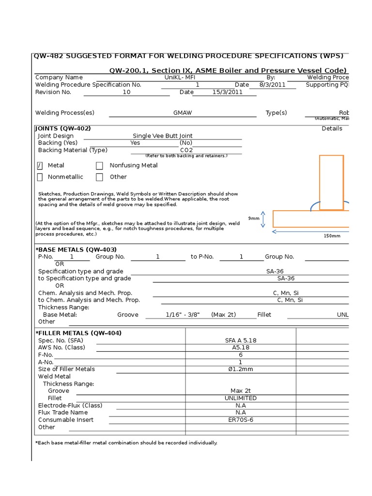 Qw-482 Suggested Format For Welding Procedure Specifications (WPS) (See ...