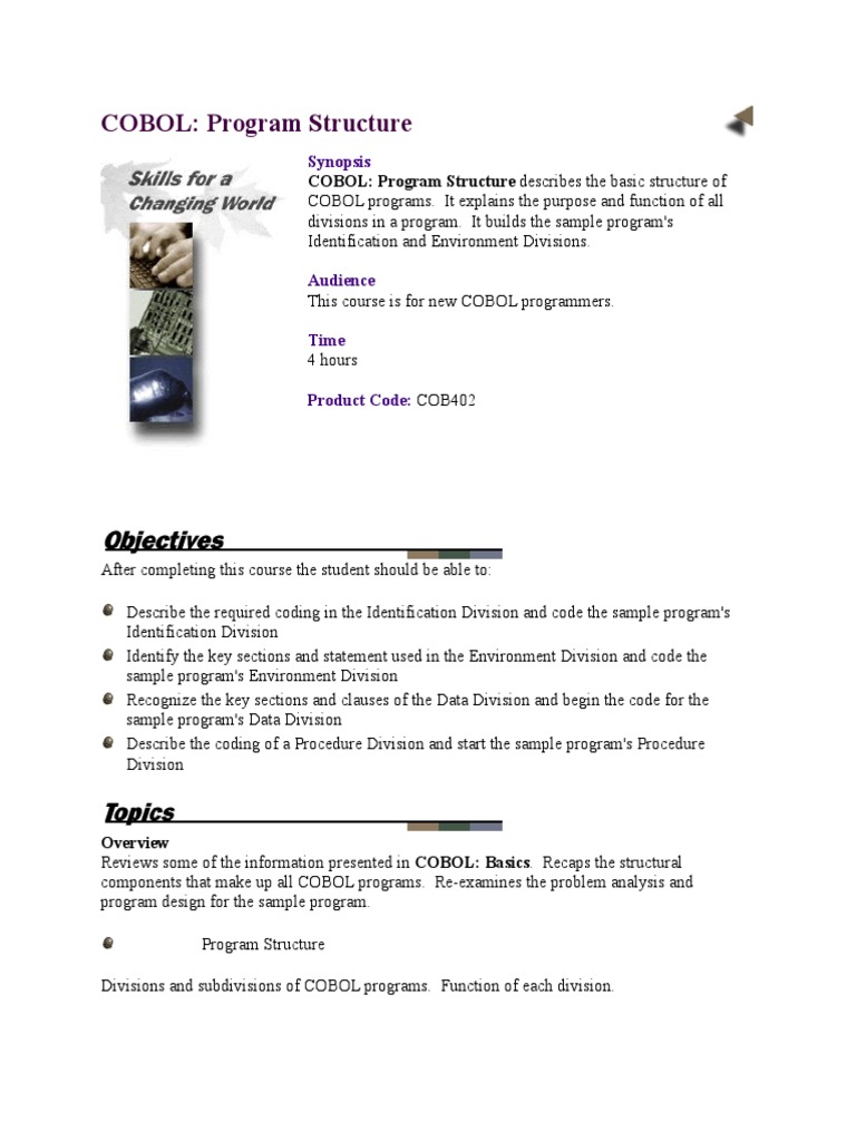 COBOL Program Structure Overview | PDF | Subroutine | Computer Programming