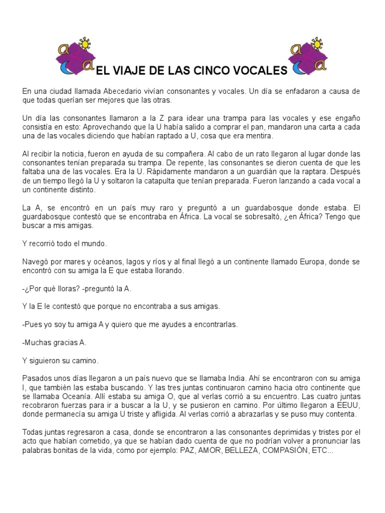 El Viaje de Las Cinco Vocales | PDF | Continente | Vocal