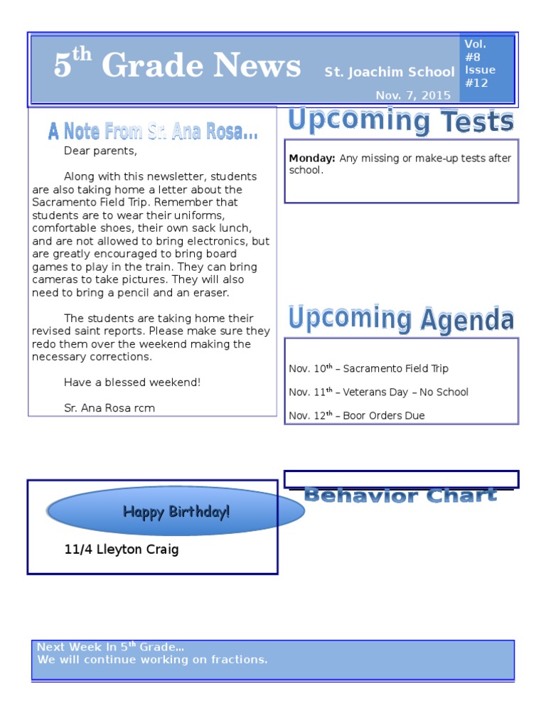 5th Grade Newsletter - Nov 2015 Updates | PDF | Language Arts ...