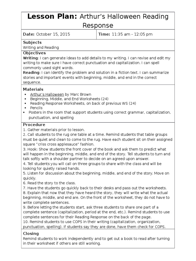 q1 Lesson Plan - Arthurs Halloween | PDF