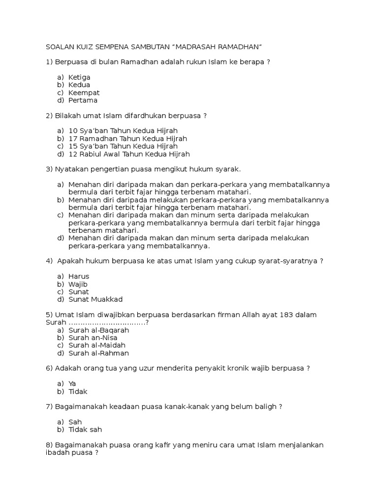 Soalan Kuiz Madrasah Ramadhan Vle Frog | PDF
