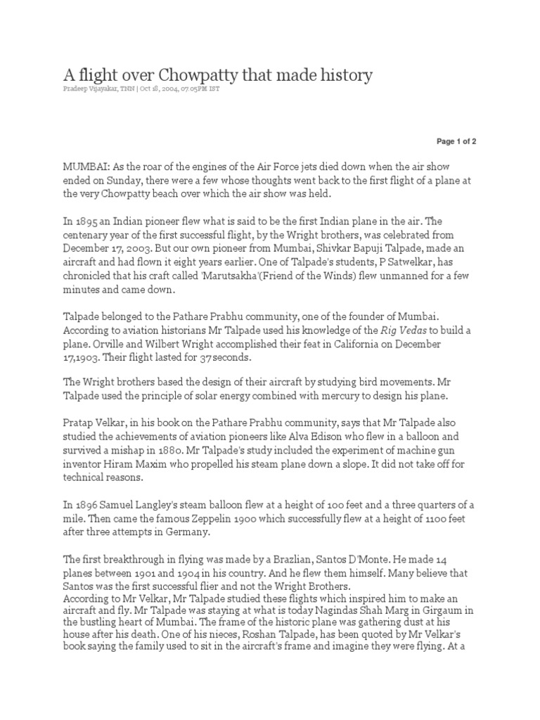 A Flight Over Chowpatty That Made History | PDF | Wright Brothers | Airplane