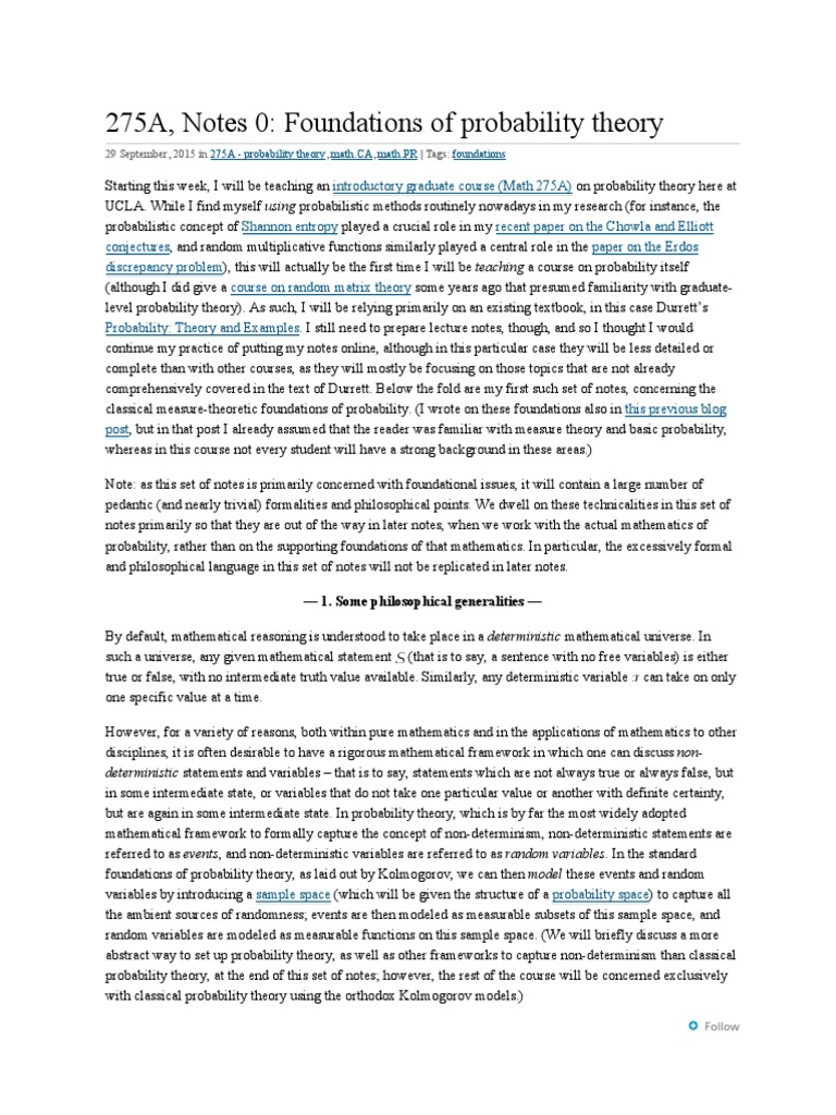 275A Notes 0 Foundations of Probability Theory What's New | PDF ...